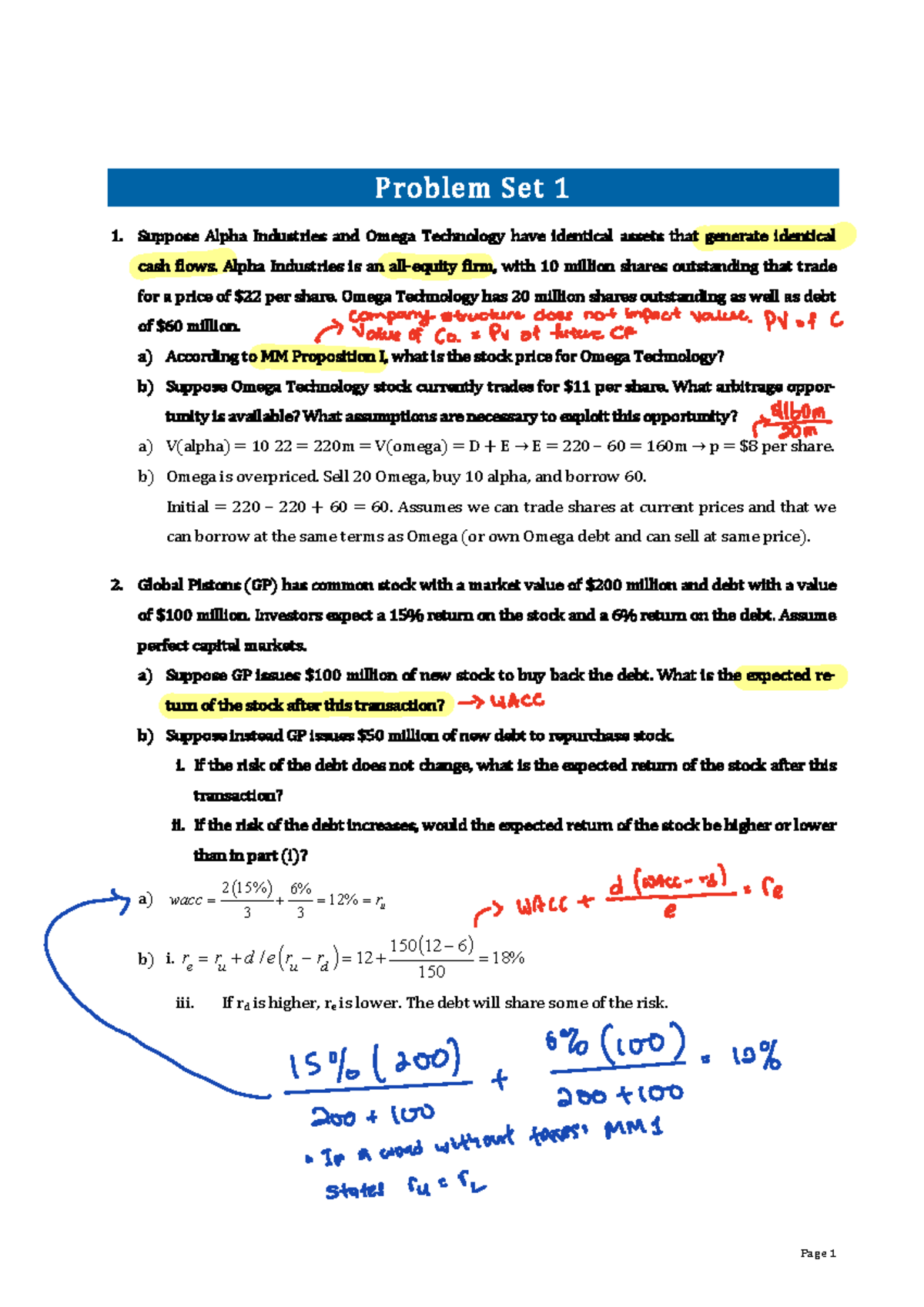 Problem set 1 Solutions - Problem Set 1 Suppose Alpha Industries and Omega Technology have ...