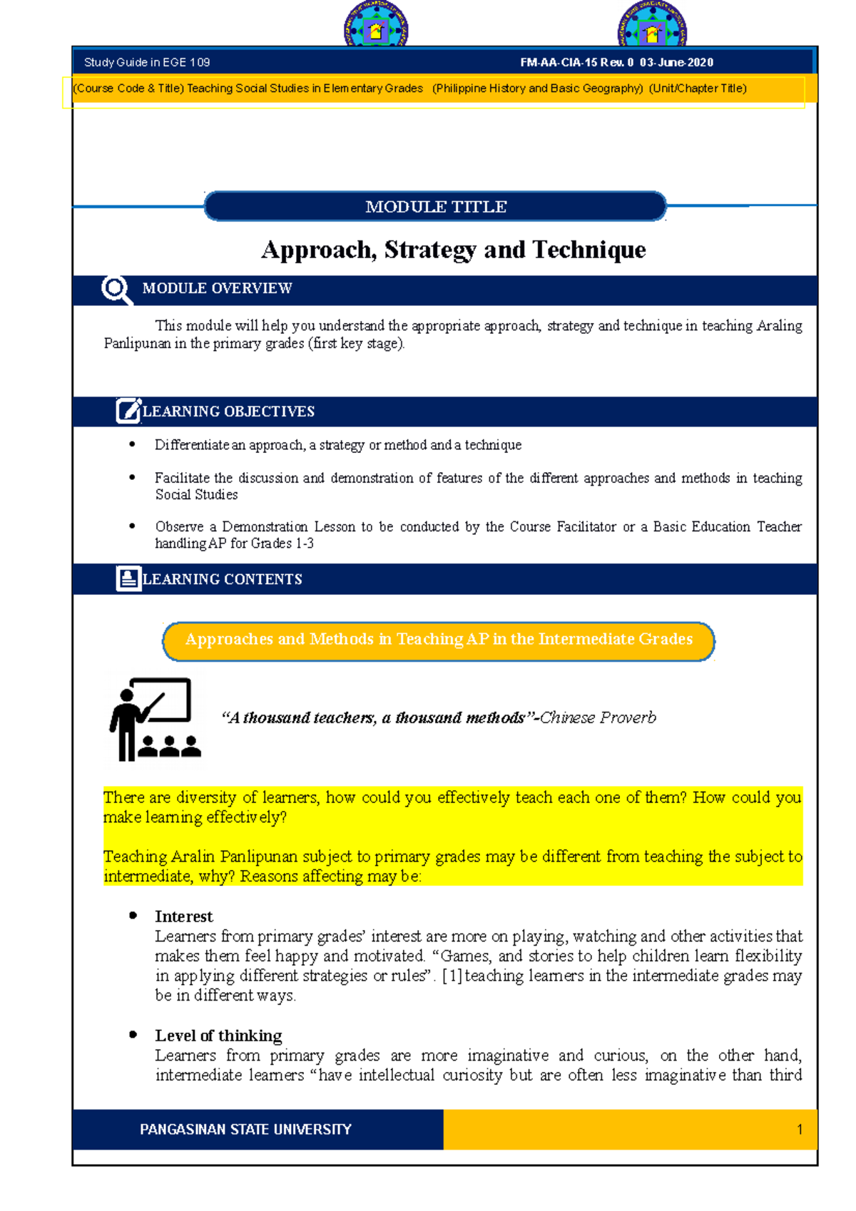 Approach, Strategy and Technique - LEARNING OBJECTIVES Differentiate an ...