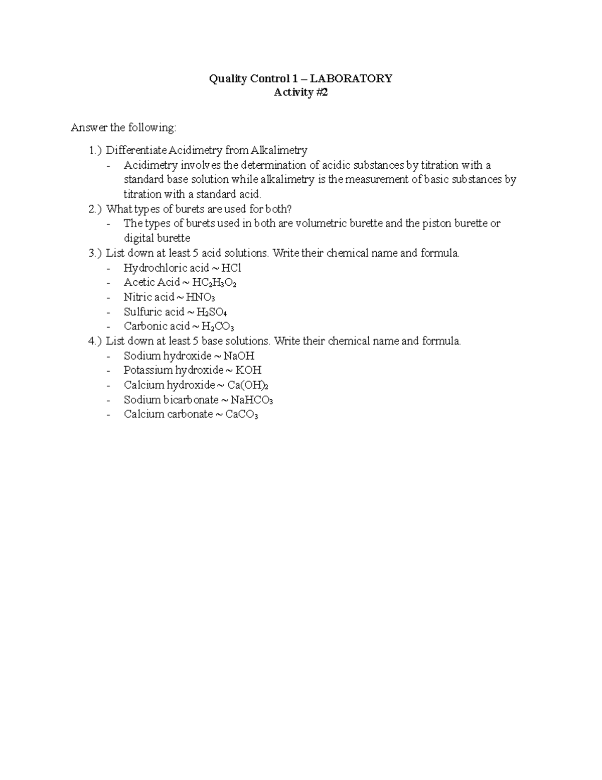 QC1 Lab - Activity 2 (Acidimetry & Alkalimetry) - Quality Control 1 ...