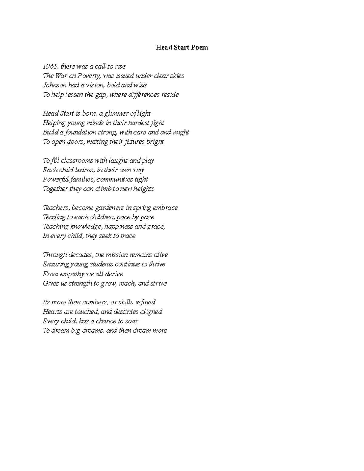 A Journey Through Head Start - Head Start Poem 1965, there was a call ...
