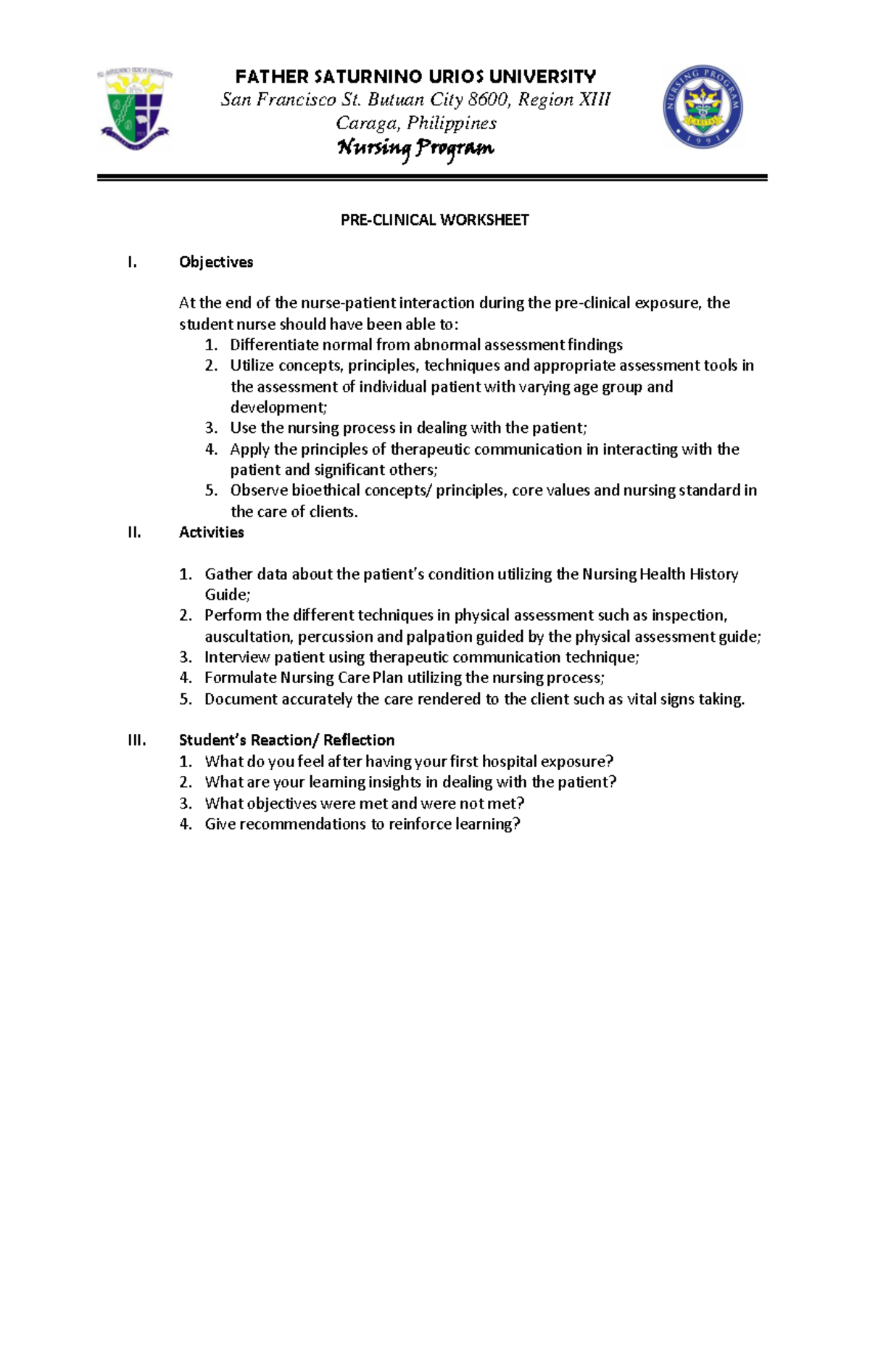 Pre Clinical Pre Worksheet 1 - FATHER SATURNINO URIOS UNIVERSITY San ...
