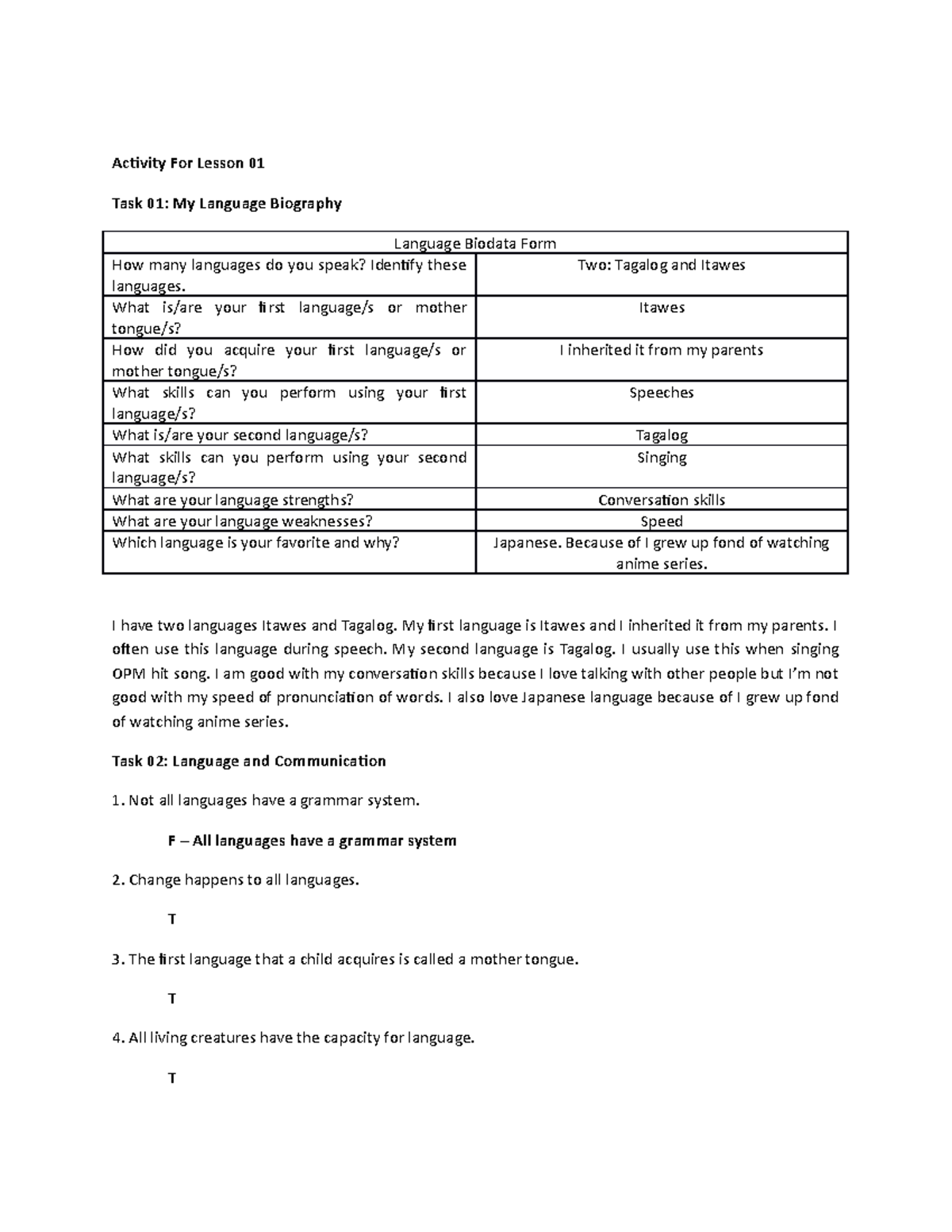 Language biography - Teacher - Mr. Mora - Activity For Lesson 01 Task ...