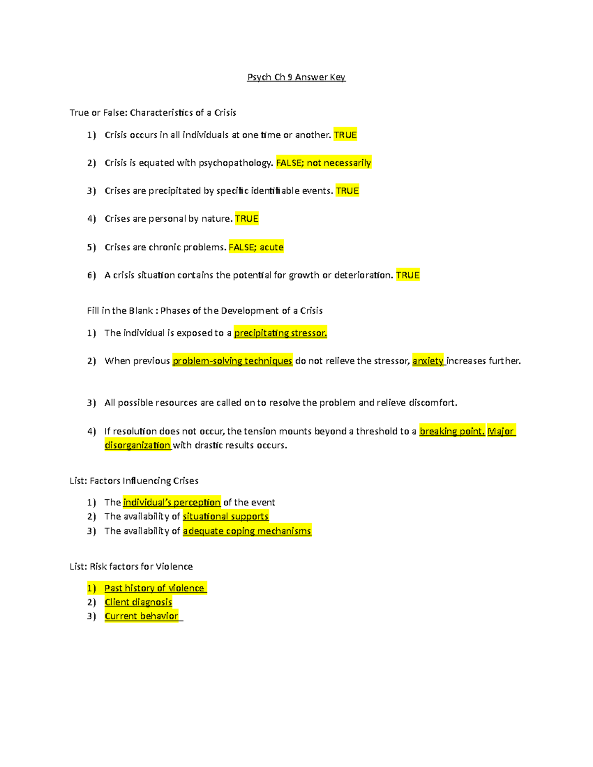 Psych Crisis Intervention Answer Key - Psych Ch 9 Answer Key True or ...