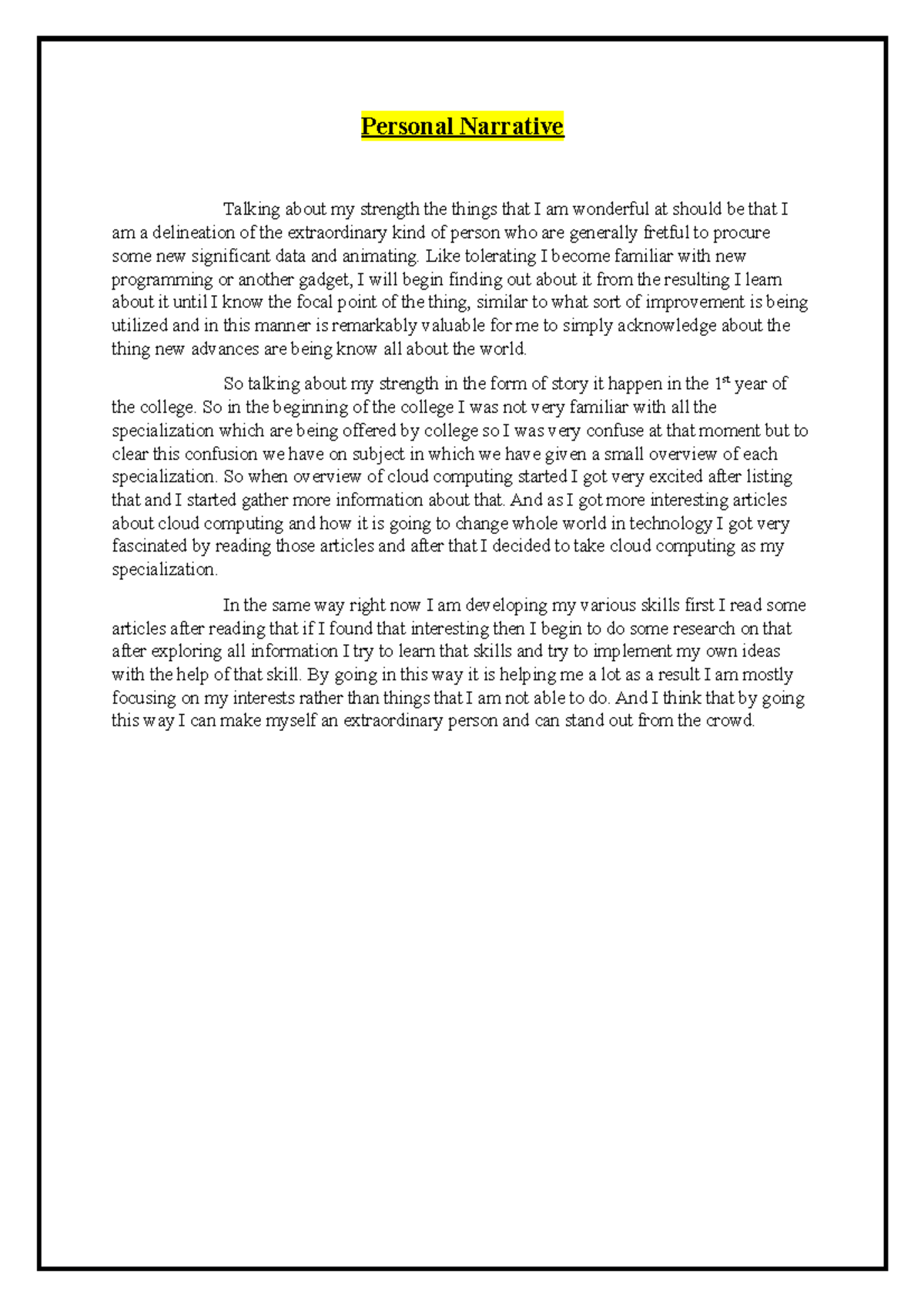 Personal Narrative - SWOT - Personal Narrative Talking about my ...