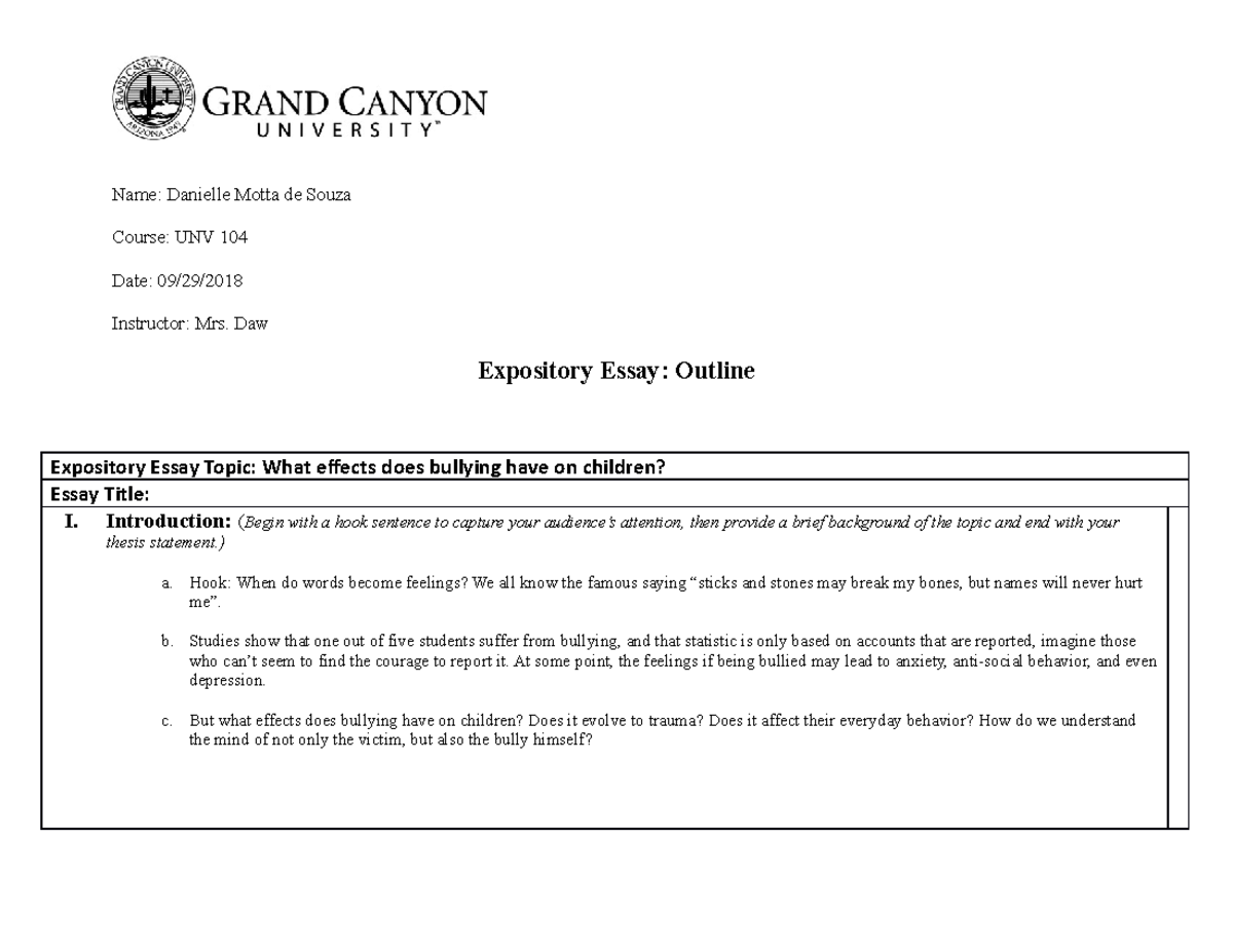 Expository Essay Outline - Name: Danielle Motta de Souza Course: UNV ...