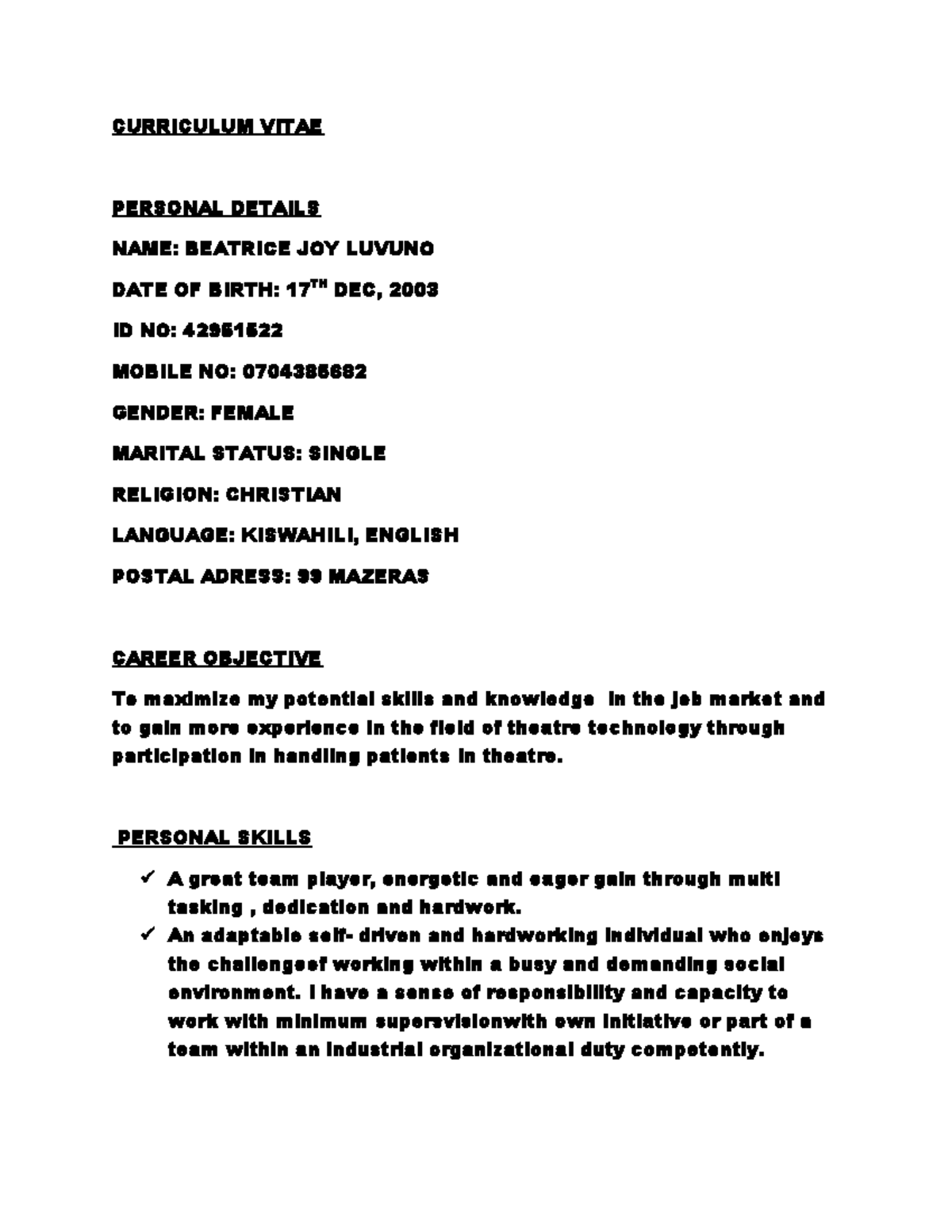 Curriculum Vitae - CURRICULUM VITAE PERSONAL DETAILS NAME: BEATRICE JOY ...
