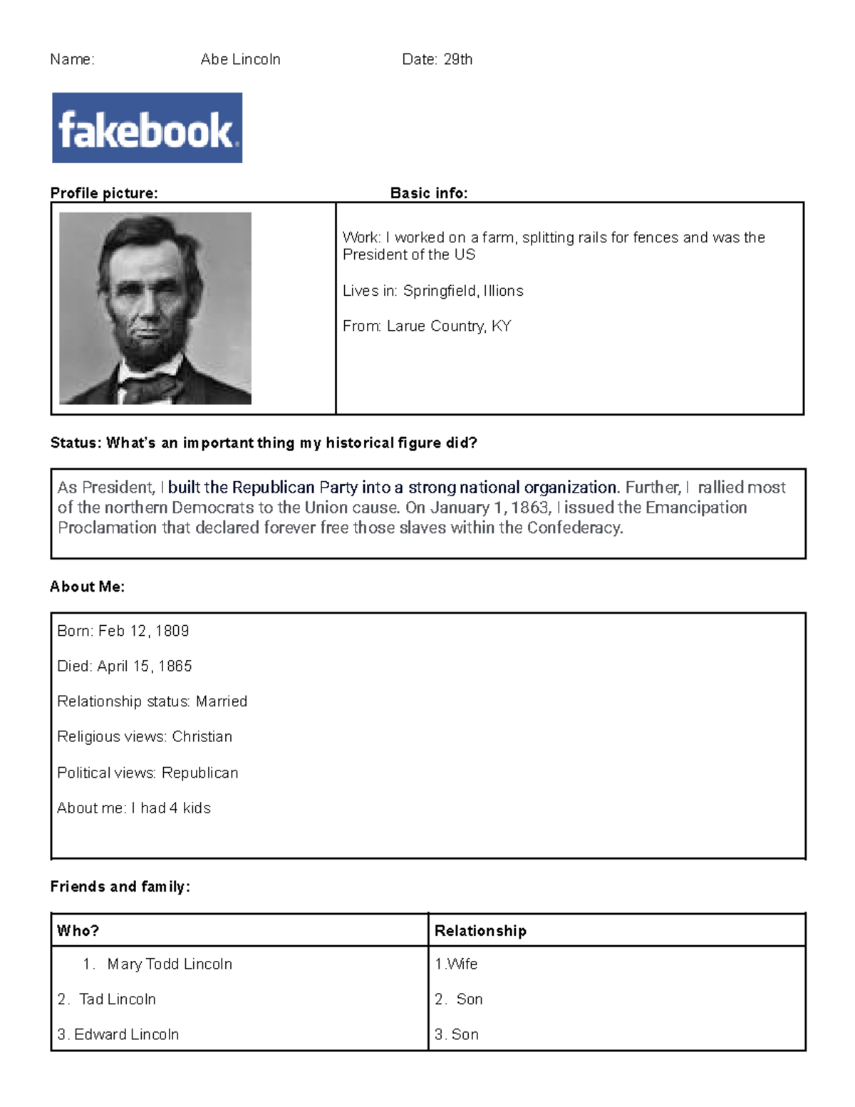 Copy of [Template] Facebook History - Students - Name: Abe Lincoln Date ...
