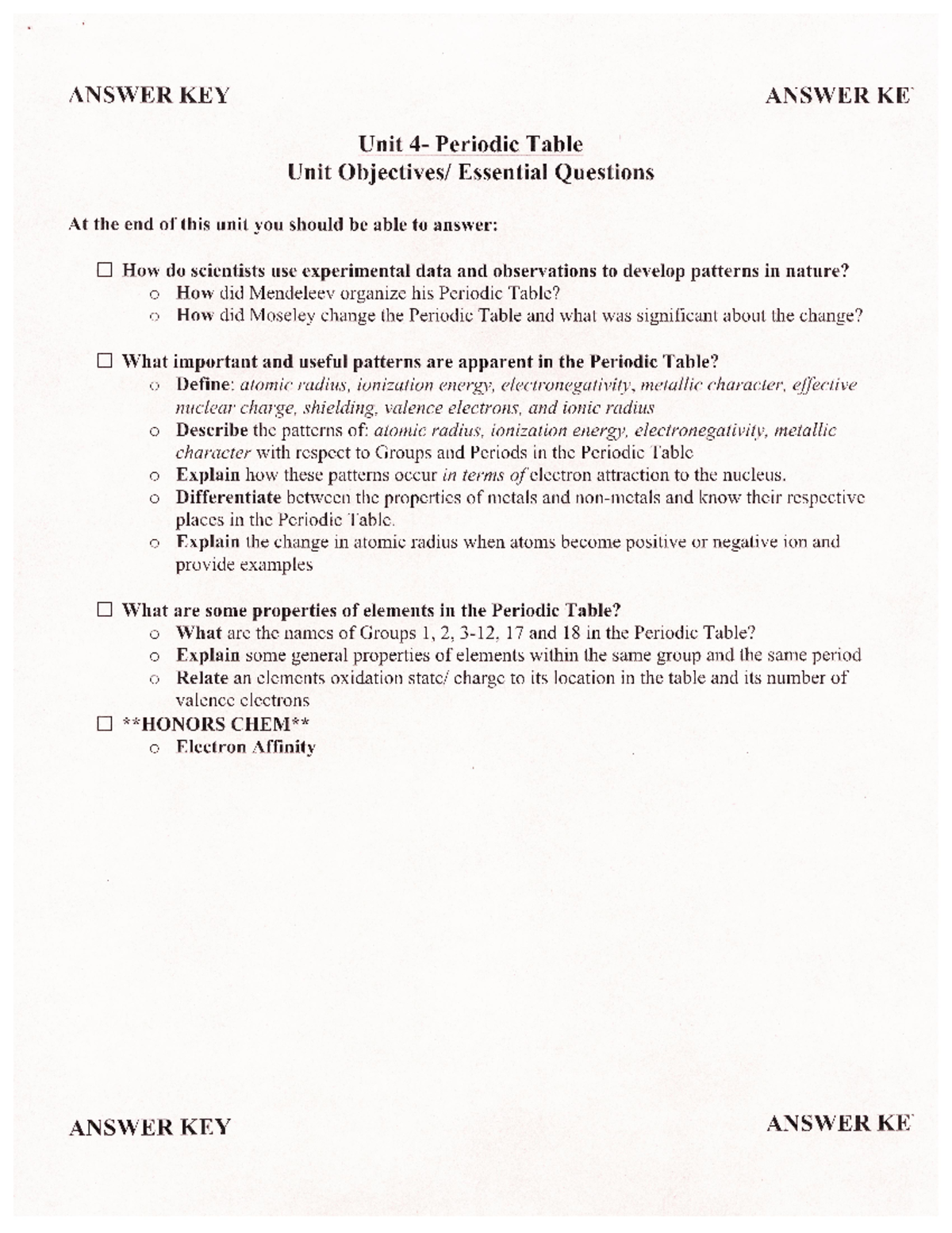 Unit 4 Packet ANS KEY (2) - ANSWER KEY ANSWER KE Unit 4- Periodic Table ...