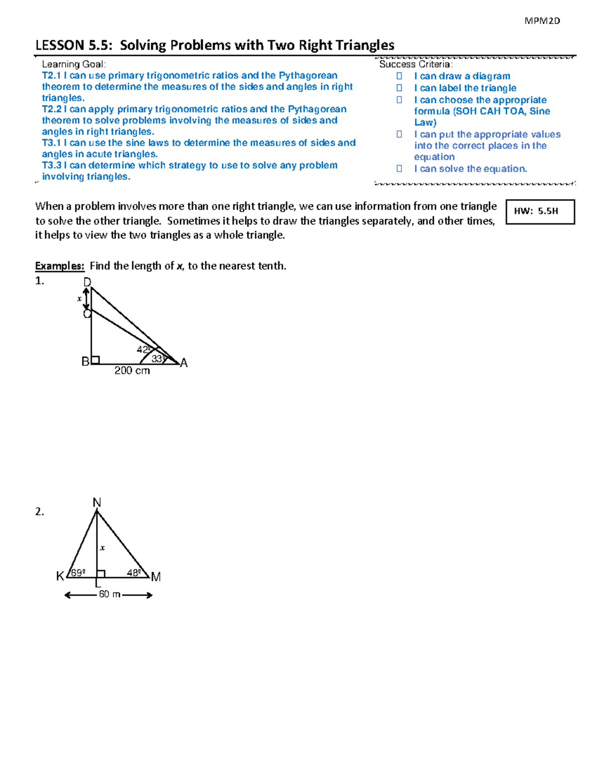 5.5 - Solving Problems with Two Right Triangles - MPM2D LESSON 5 ...