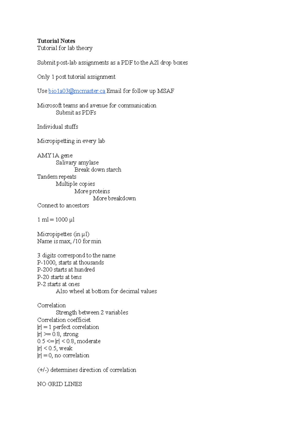 Bio 1A03 Tutorial 1 Notes - Tutorial Notes Tutorial for lab theory ...