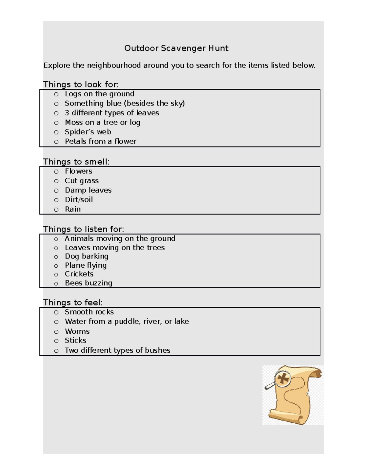 Outdoor Scavenger Hunt - Outdoor Scavenger Hunt Explore the ...