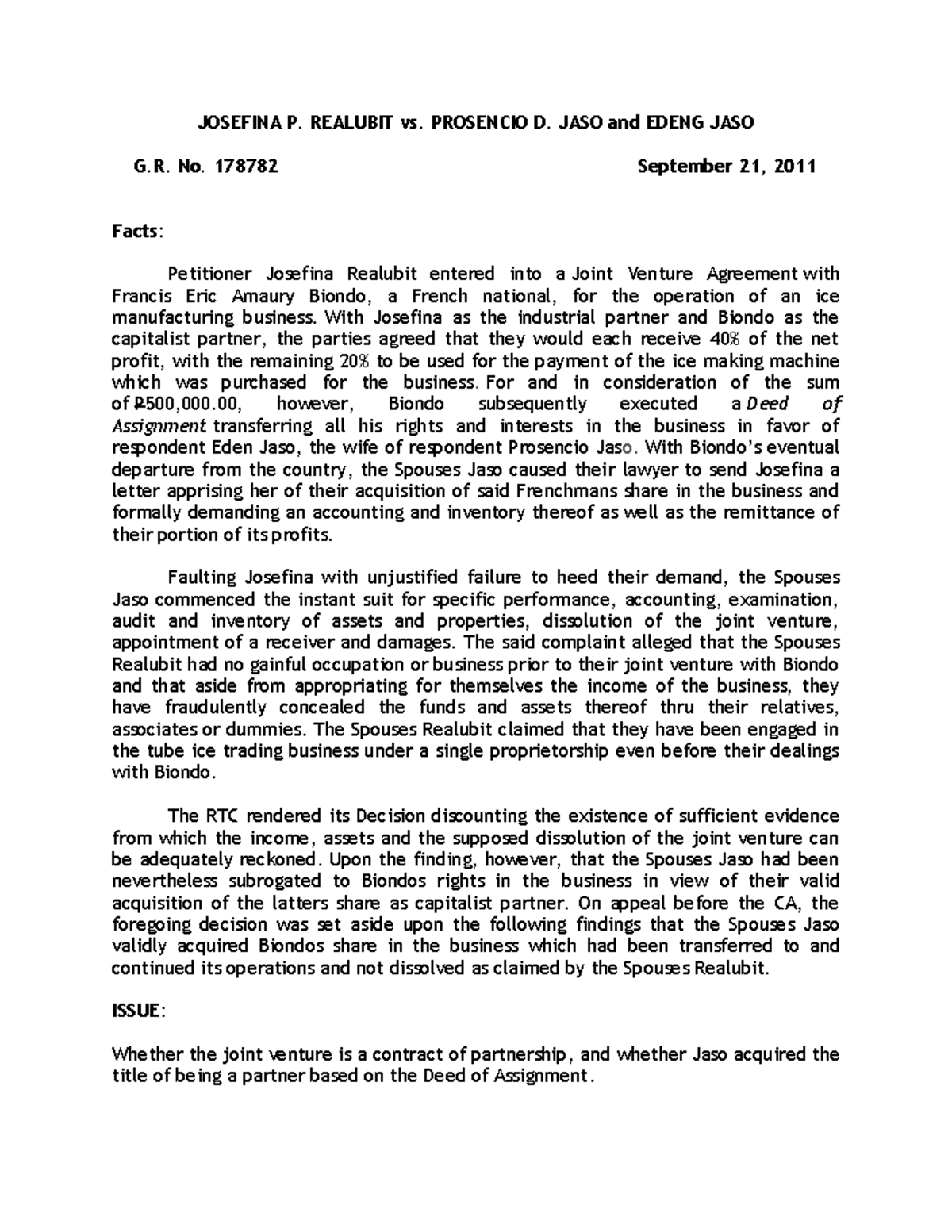 5. Josefina P. Realubit vs. Prosencio D. JASO and Edeng JASO - JOSEFINA ...