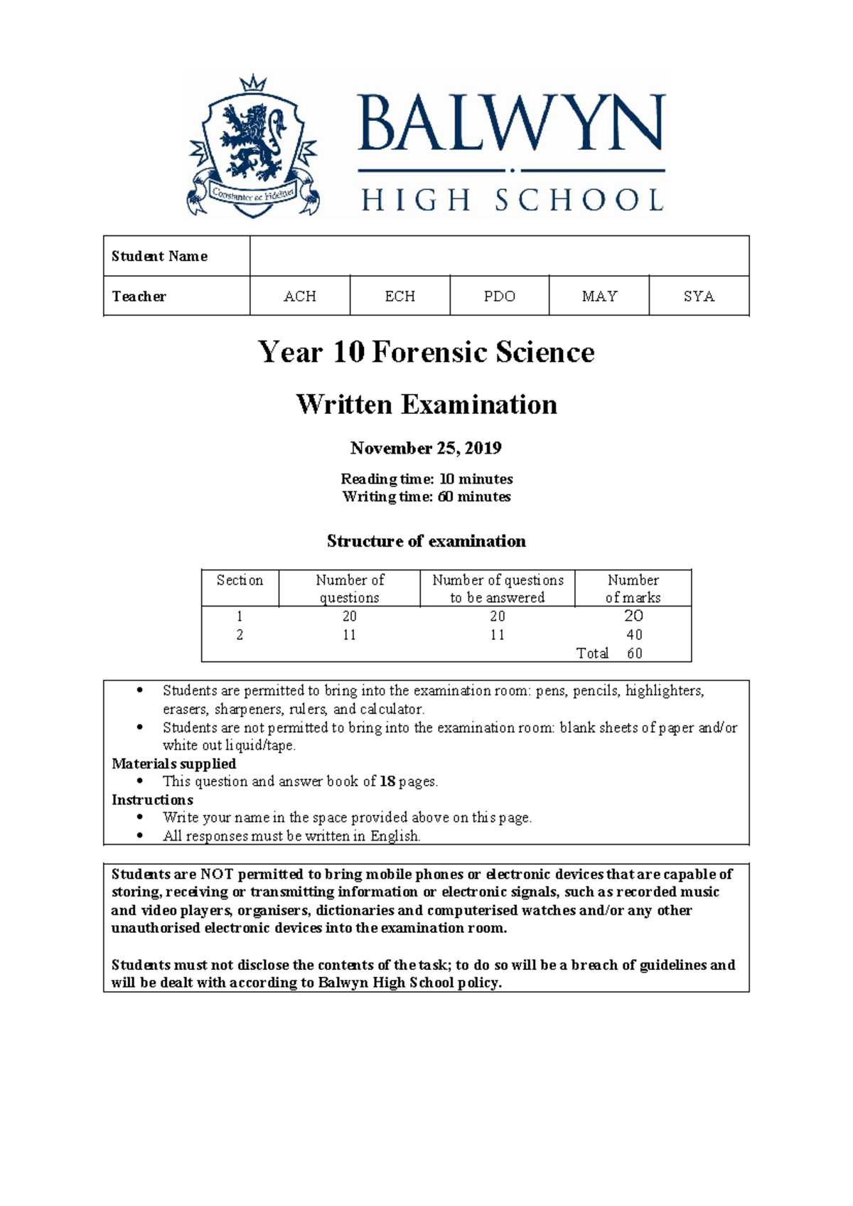 2019 Forensic Science Semester 2 Exam - Student Name Teacher ACH ECH ...