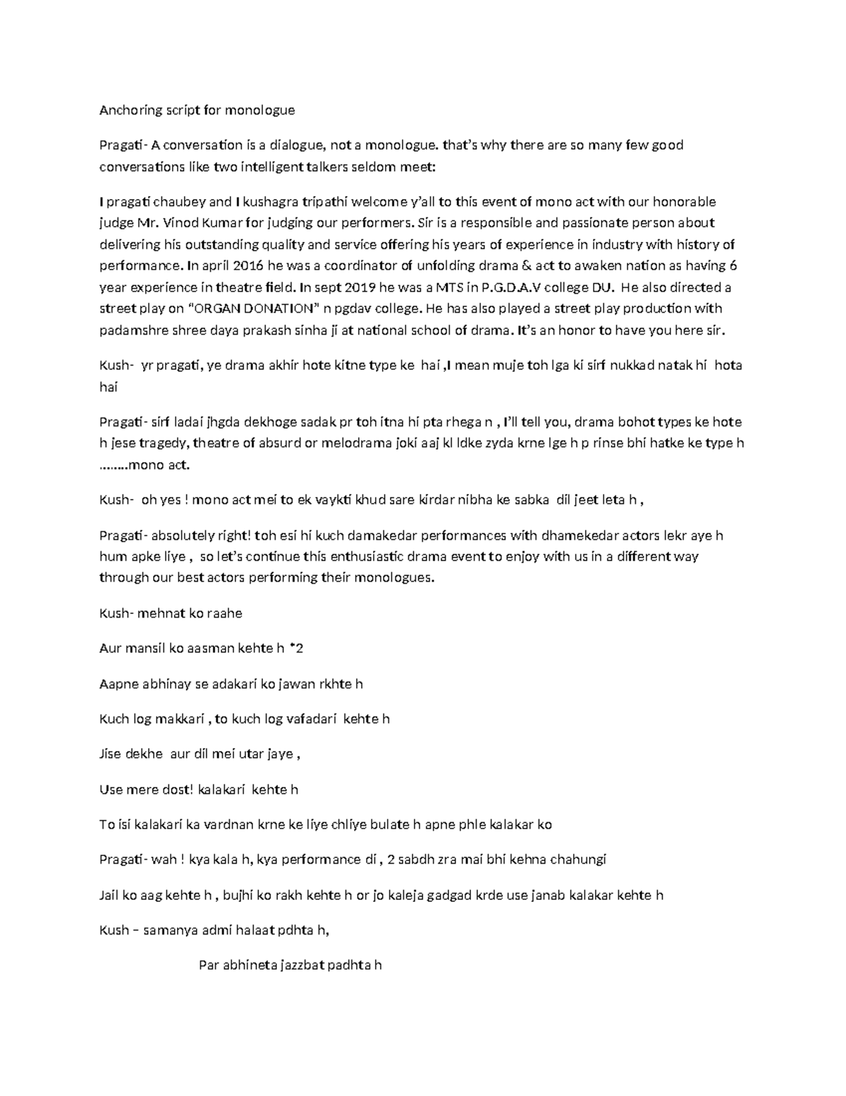 Anchoring script for tabiir - Anchoring script for monologue Pragati- A ...
