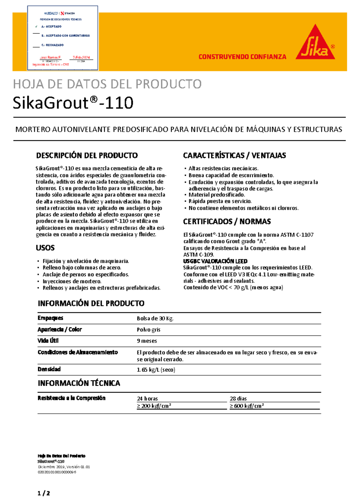 Ficha Tecnica - Sika Grout - 110 - Hoja De Datos Del Producto SikaGrout ...