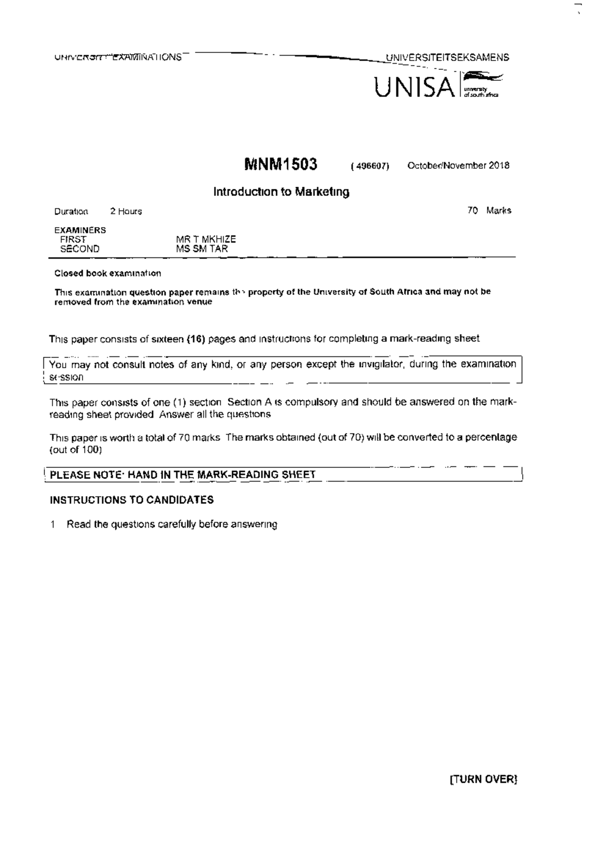 MNM103UNISA2018 - MNM1503 - Studocu