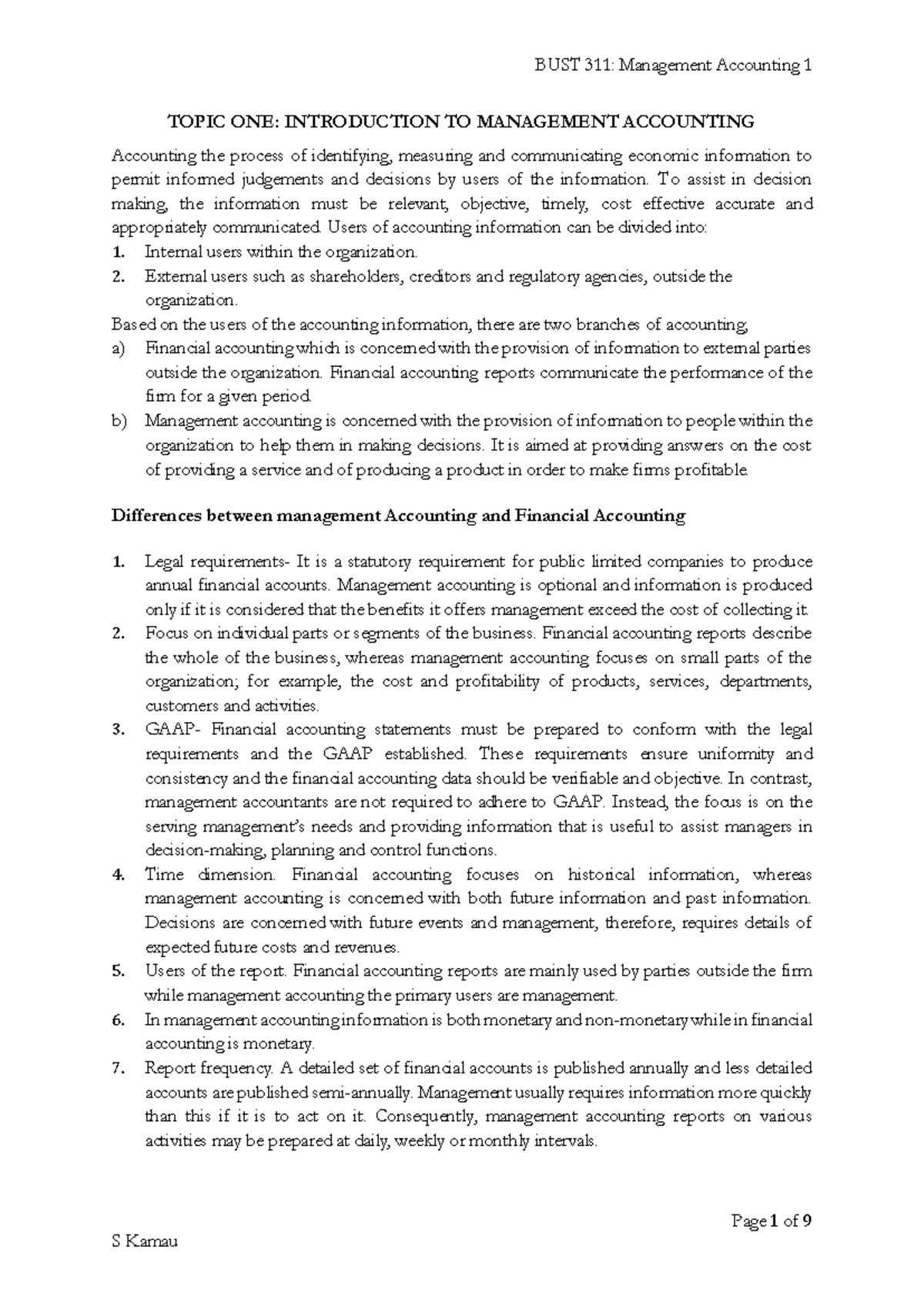 BUST 311 Management Accounting - Page 1 of 9 TOPIC ONE: INTRODUCTION TO ...