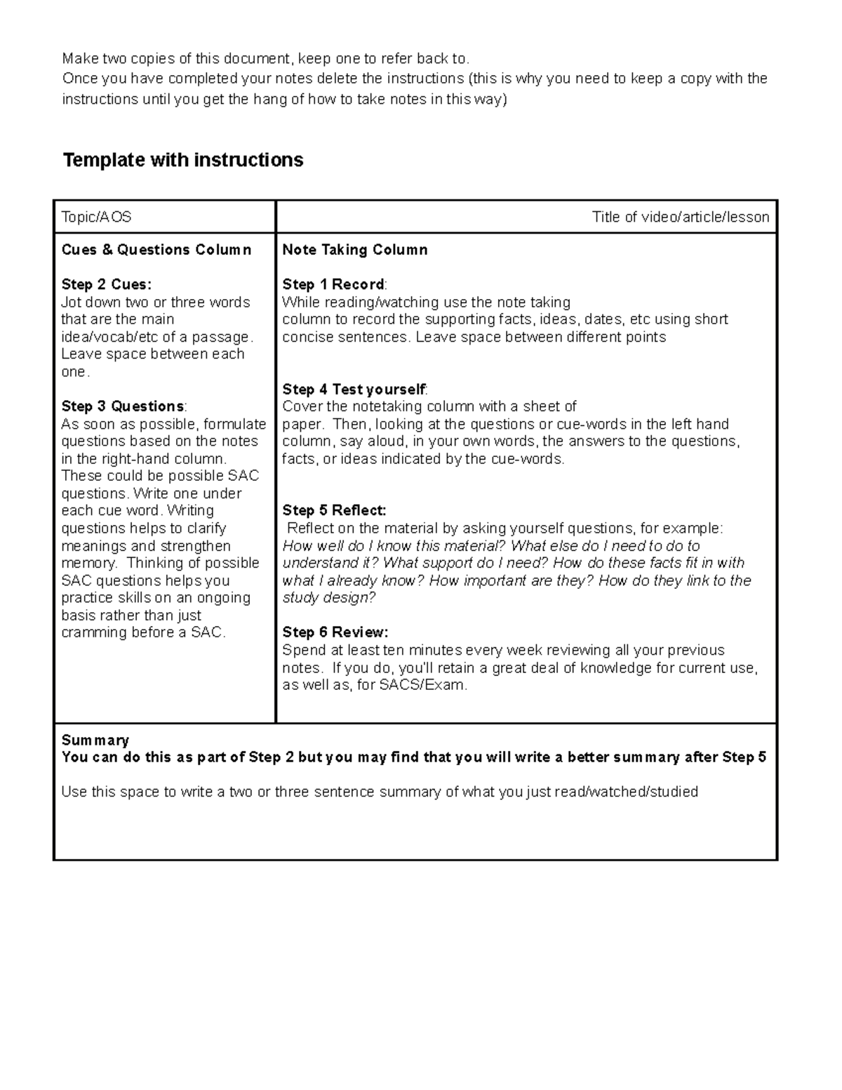 2022 Cornell Notes Template - Make two copies of this document, keep ...