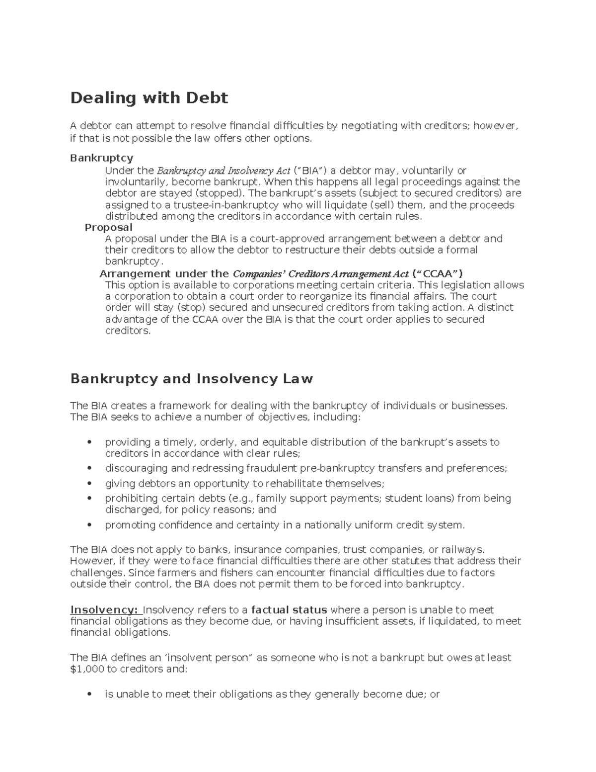 Chapter 24 - Summary Commercial Law - Dealing with Debt A debtor can ...