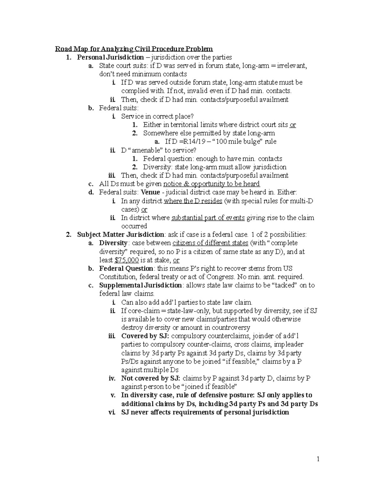 Civil procedure - Prof Frank 2 - Road Map for Analyzing Civil Procedure ...