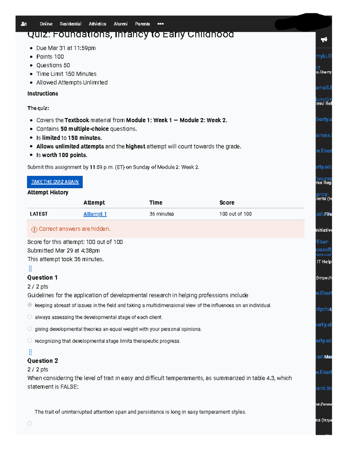 Qz Foundations, Infancy to Early Childhood - Score for this attempt: 100 out of 100 Submitted ...
