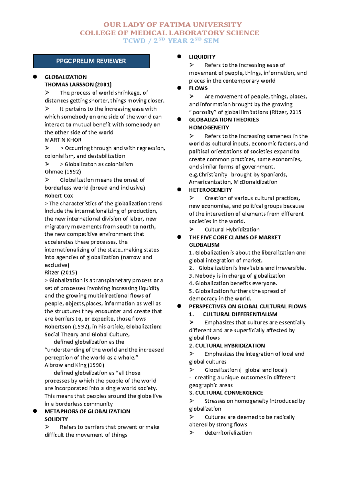TCWD Prelim - OUR LADY OF FATIMA UNIVERSITY COLLEGE OF MEDICAL LABORATORY SCIENCE TCWD / 2 ND ...