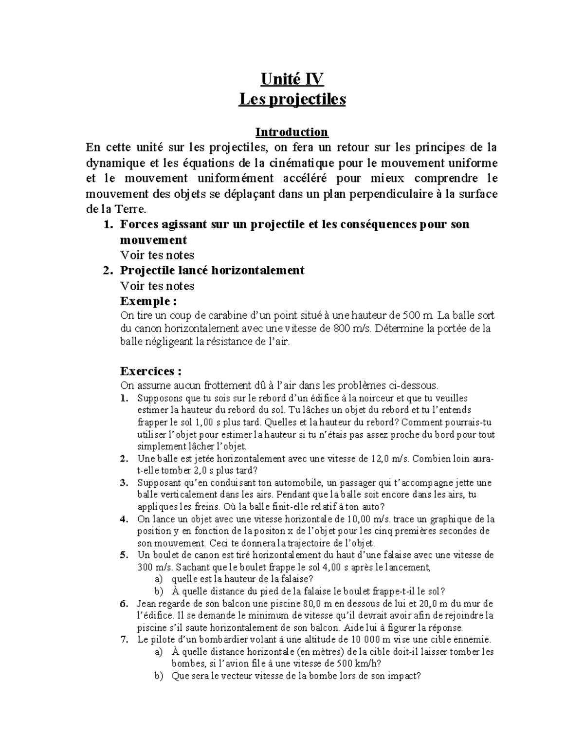 Notes 2 et exercices - Exercice de mécanique sur les projectiles ...