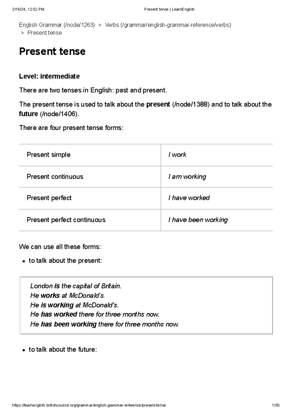 Present tense Learn English - English Grammar (/node/1263) > Verbs ...