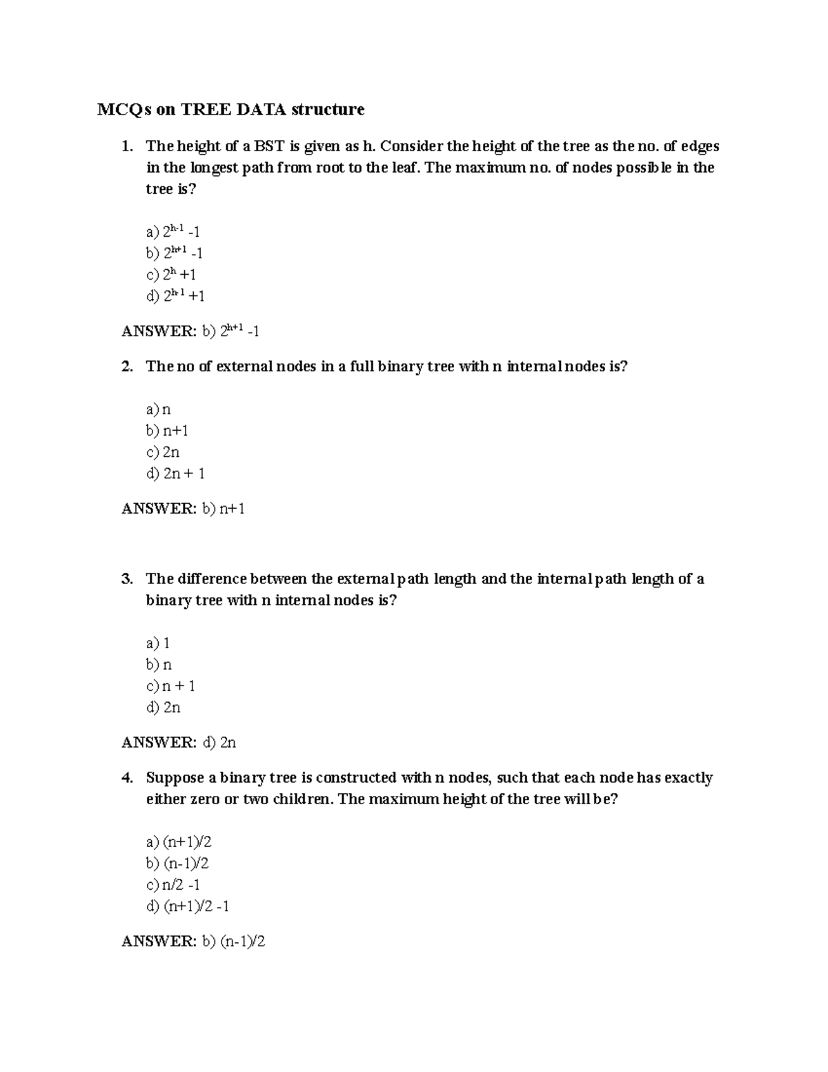 MCQ ON TREE DATA STRUCTURES MCQs On TREE DATA Structure 1 The Height