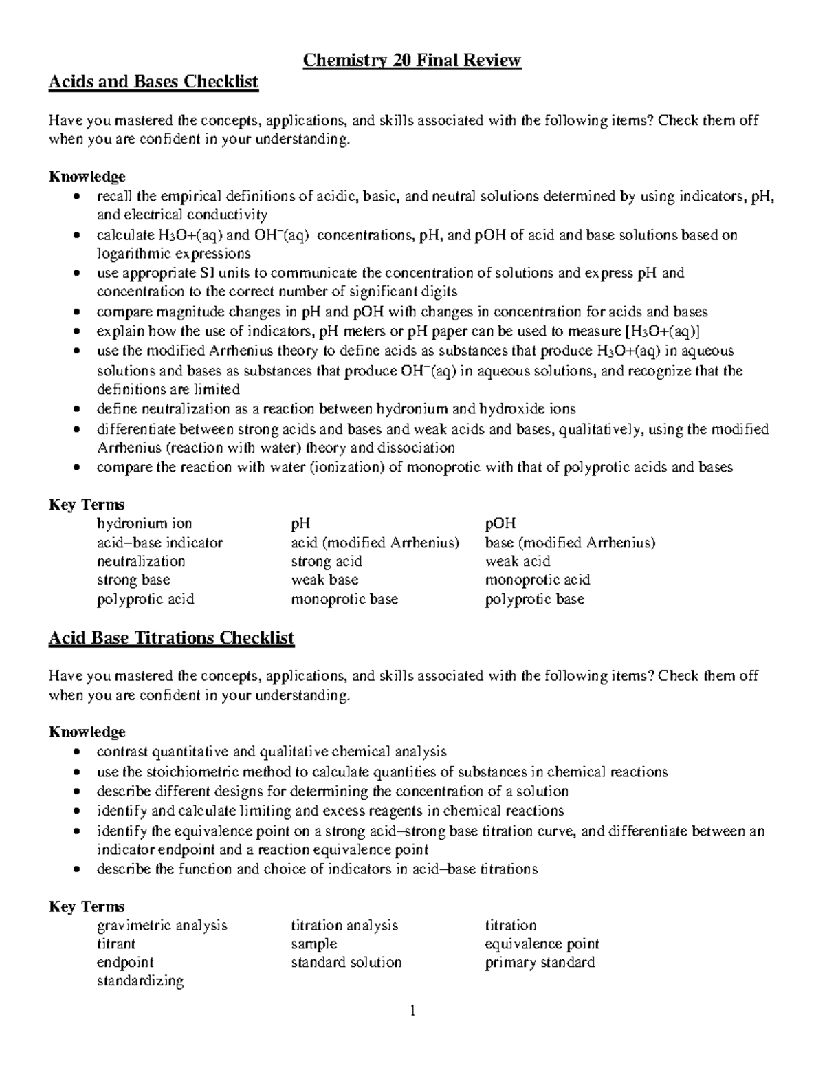 Chemistry 20-Unit CAcid Base Review - Chemistry 20 Final Review Acids ...