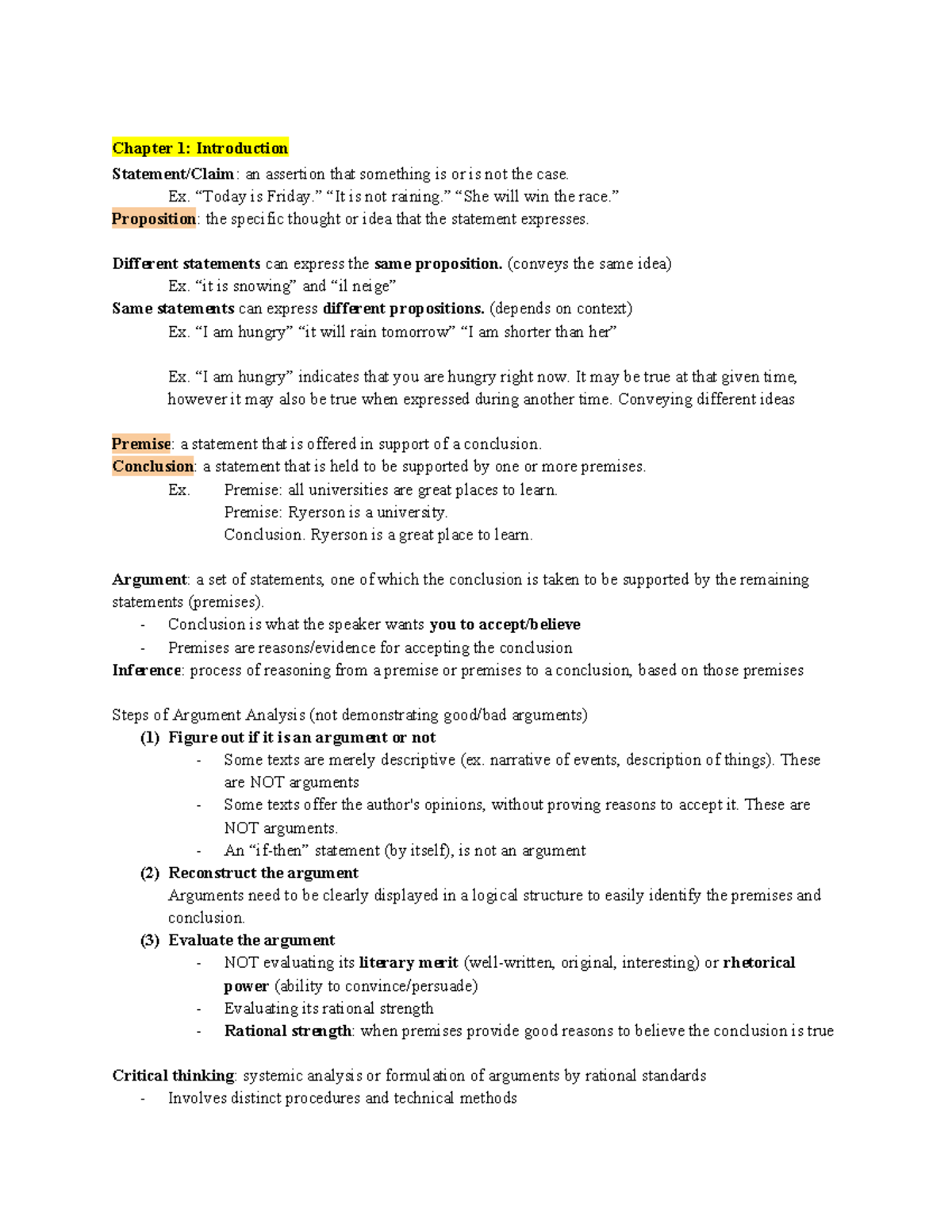 SSH105 Test 1 - notes - Chapter 1: Introduction Statement/Claim: an ...