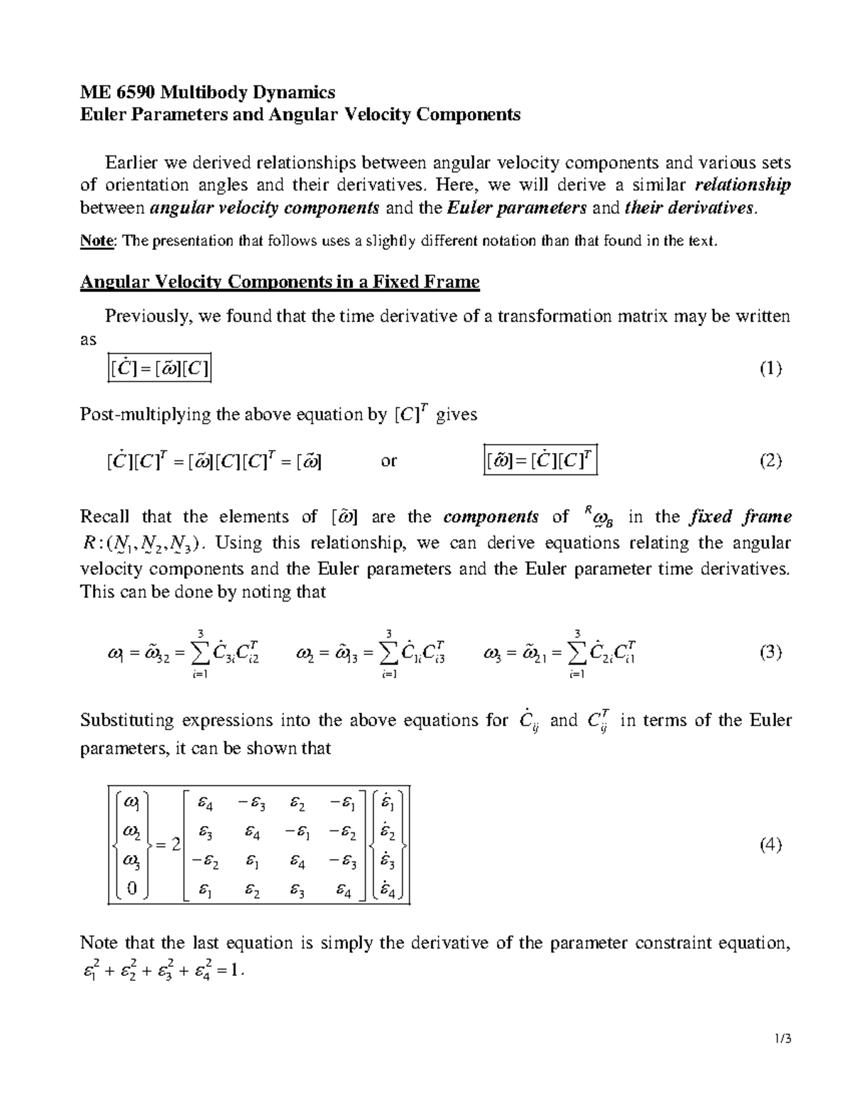 Me659Angular Velocity Euler Parameters - 1/ ME 6590 Multibody Dynamics Euler Parameters and ...