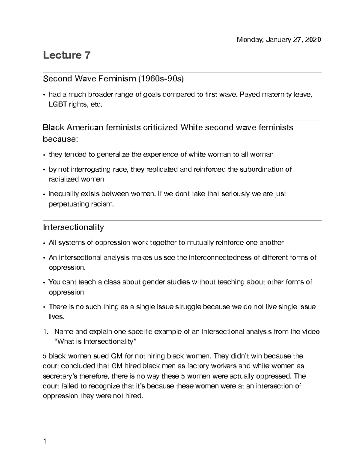 Lecture 7 - Monday, January 27, 2020 Lecture 7 Second Wave Feminism ...
