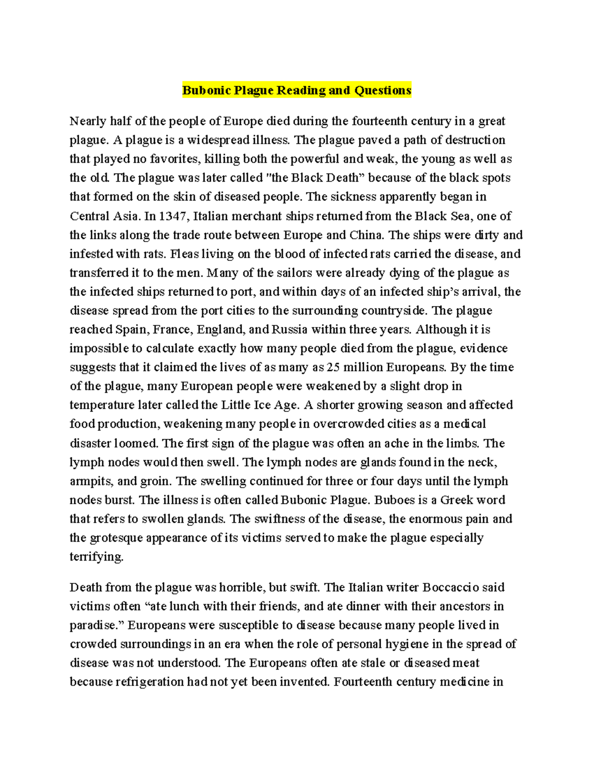 - Bubonic Plague Reading and Questions - Bubonic Plague Reading and ...