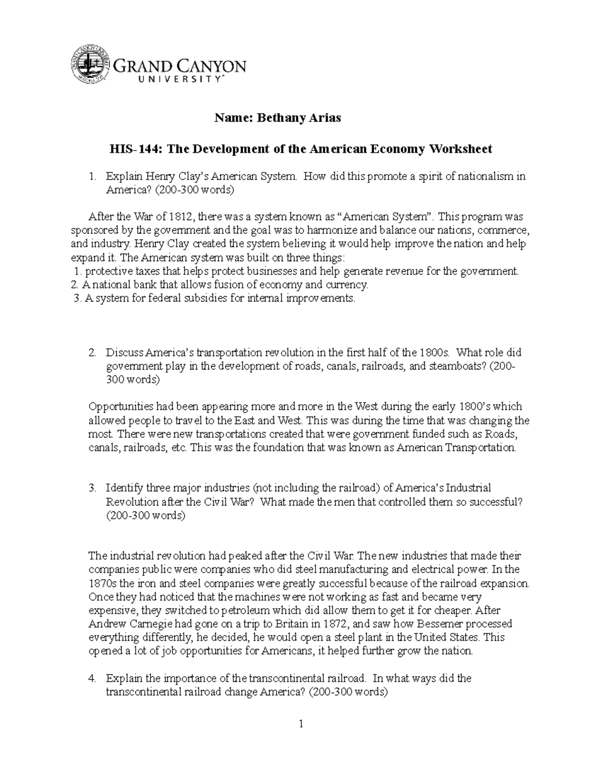 HIS-144.T-4.Development of the American Economy.Worksheet - Name ...