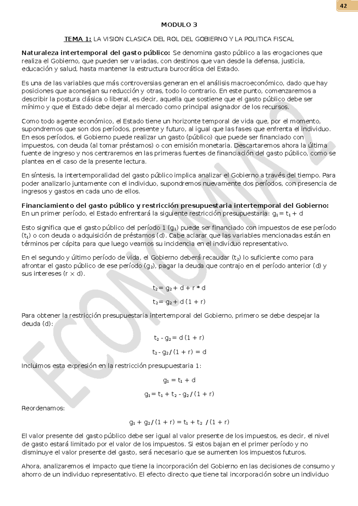 Resumen - MODULO 3 TEMA 1: LA VISION CLASICA DEL ROL DEL GOBIERNO Y LA POLITICA FISCAL ...