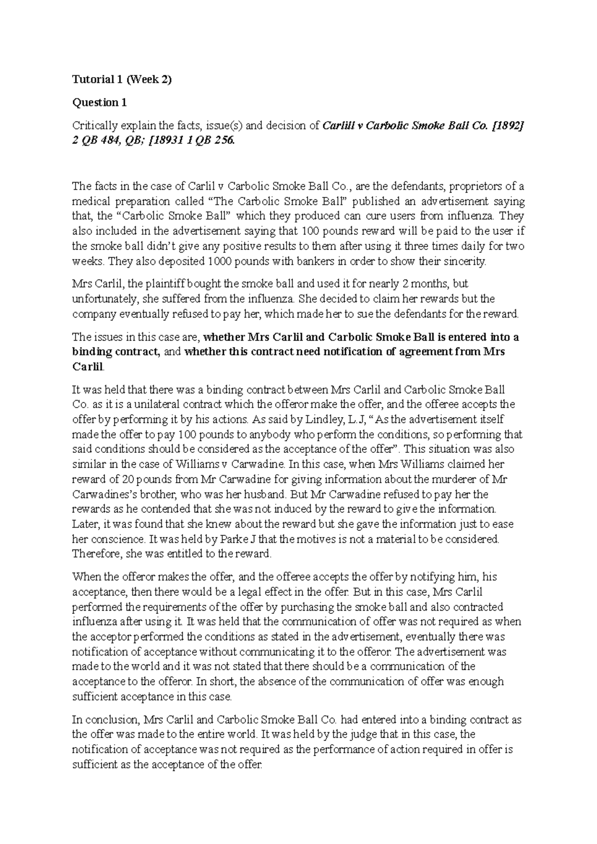 Tutorial 1 Week 2 - Tutorial 1 (Week 2) Question 1 Critically explain ...