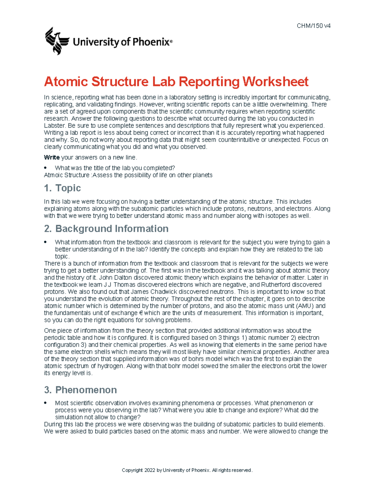 Chm150 v4 wk2 atomic structure lab report observational - CHM/150 v ...