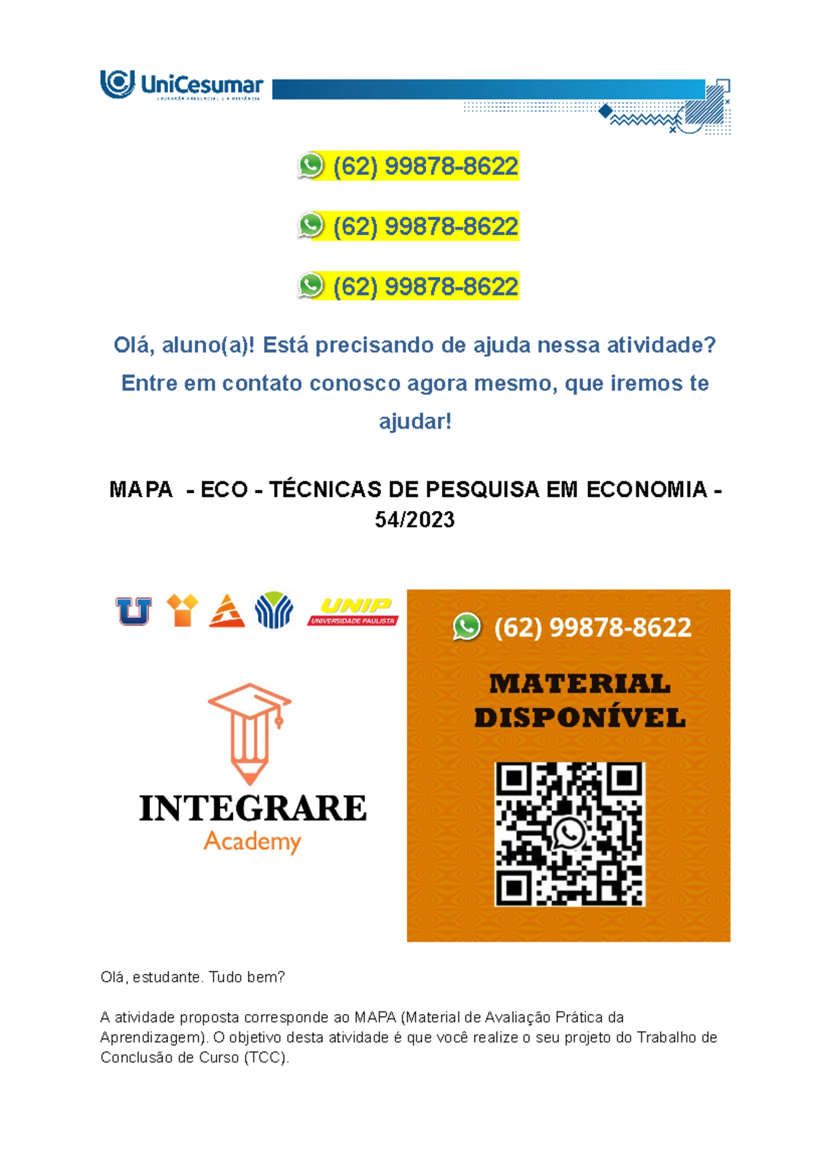 MAPA - ECO - Técnicas DE Pesquisa EM Economia - 54 2023 - (62) 99878- (62) 99878- (62) 99878 ...