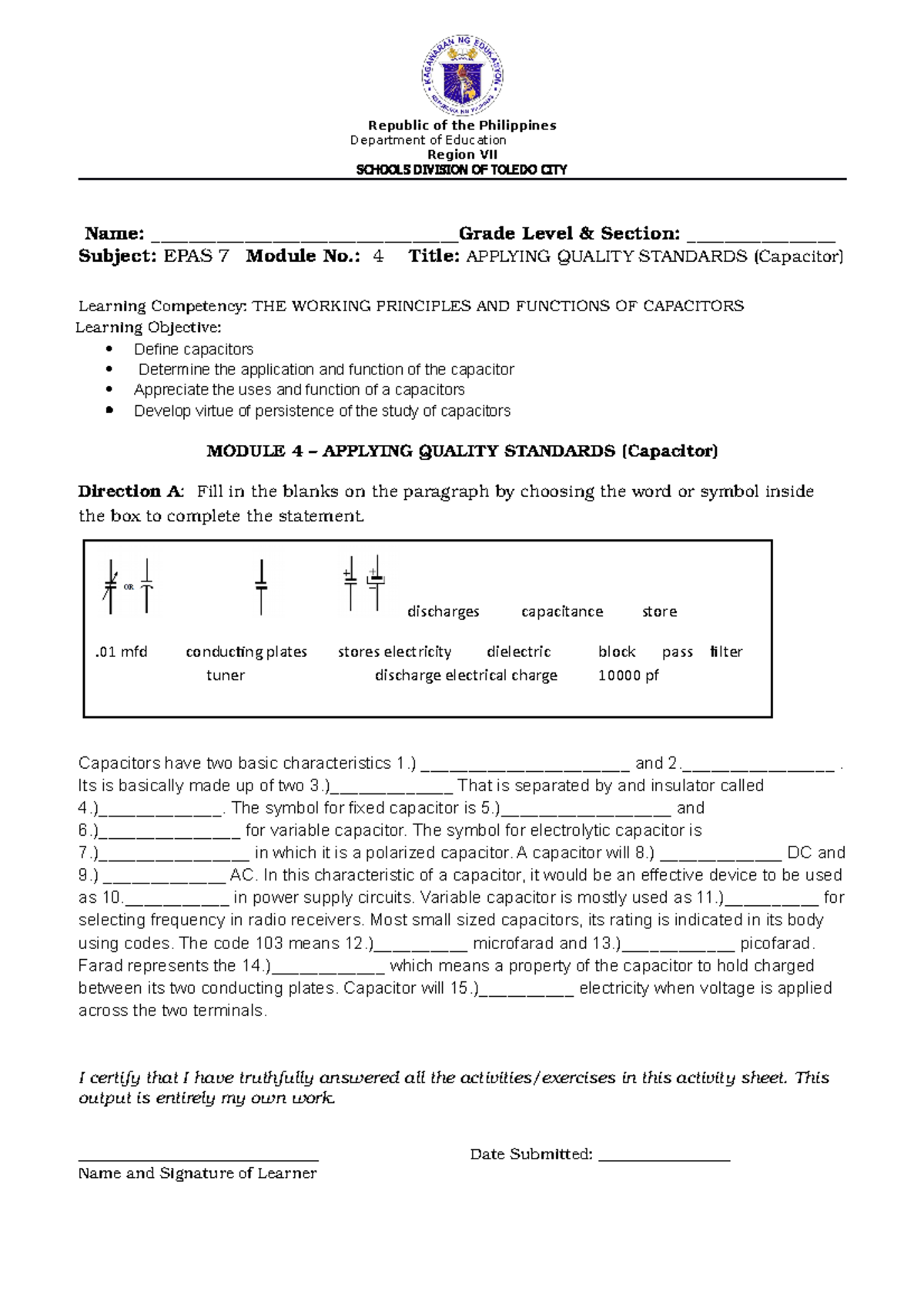 Activity Sheet in Electronics Product Assemmbly - Major in Electronics ...