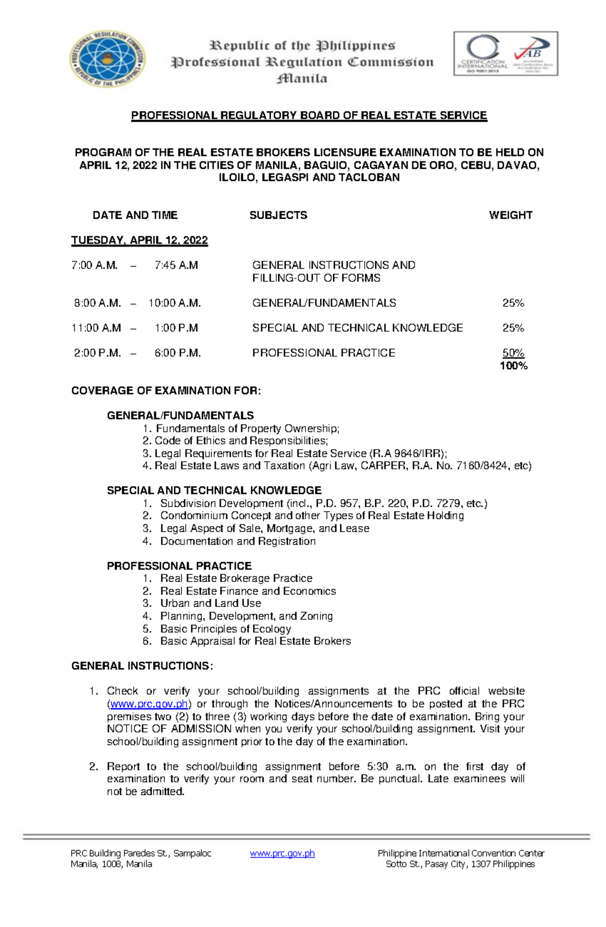 Real estate broker exam coverage - PROFESSIONAL REGULATORY BOARD OF ...