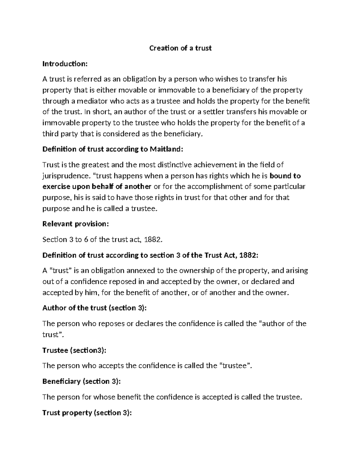 Creation of a trust - notes - Creation of a trust Introduction: A trust ...