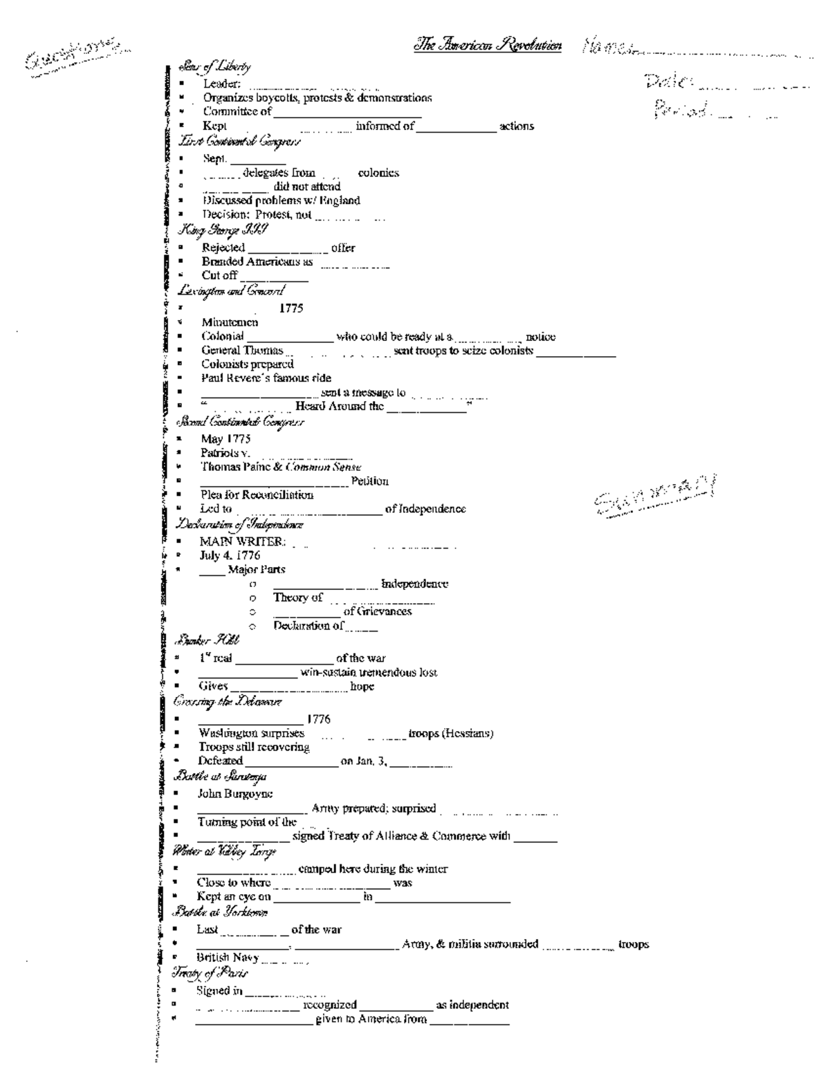 American Revolution note sheet - Questions The American Revolution Name ...