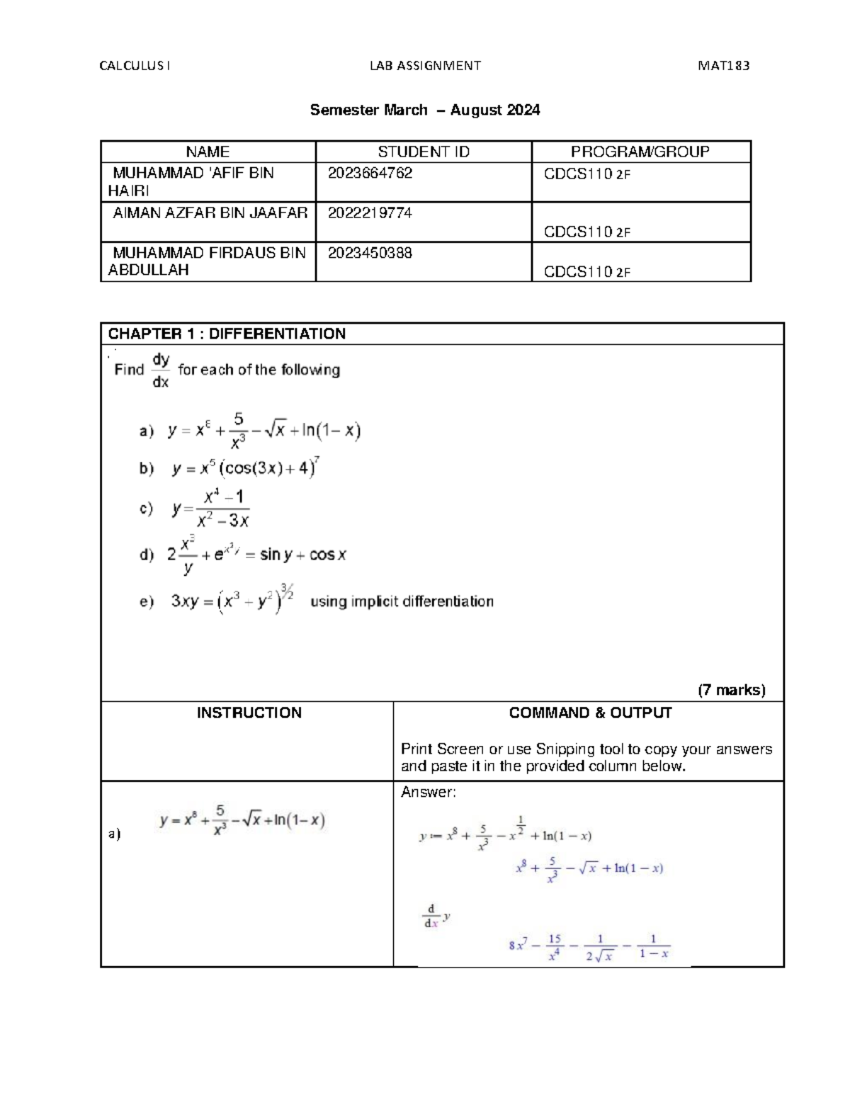 MAT 183 LAB Assessment 2F - Semester March – August 2024 NAME STUDENT ...