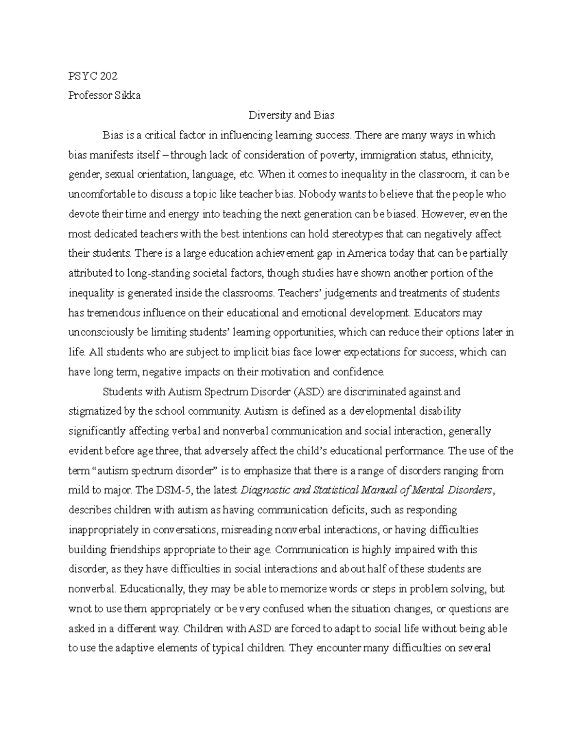 Diversity and Bias Paper - PSYC 202 Professor Sikka Diversity and Bias ...