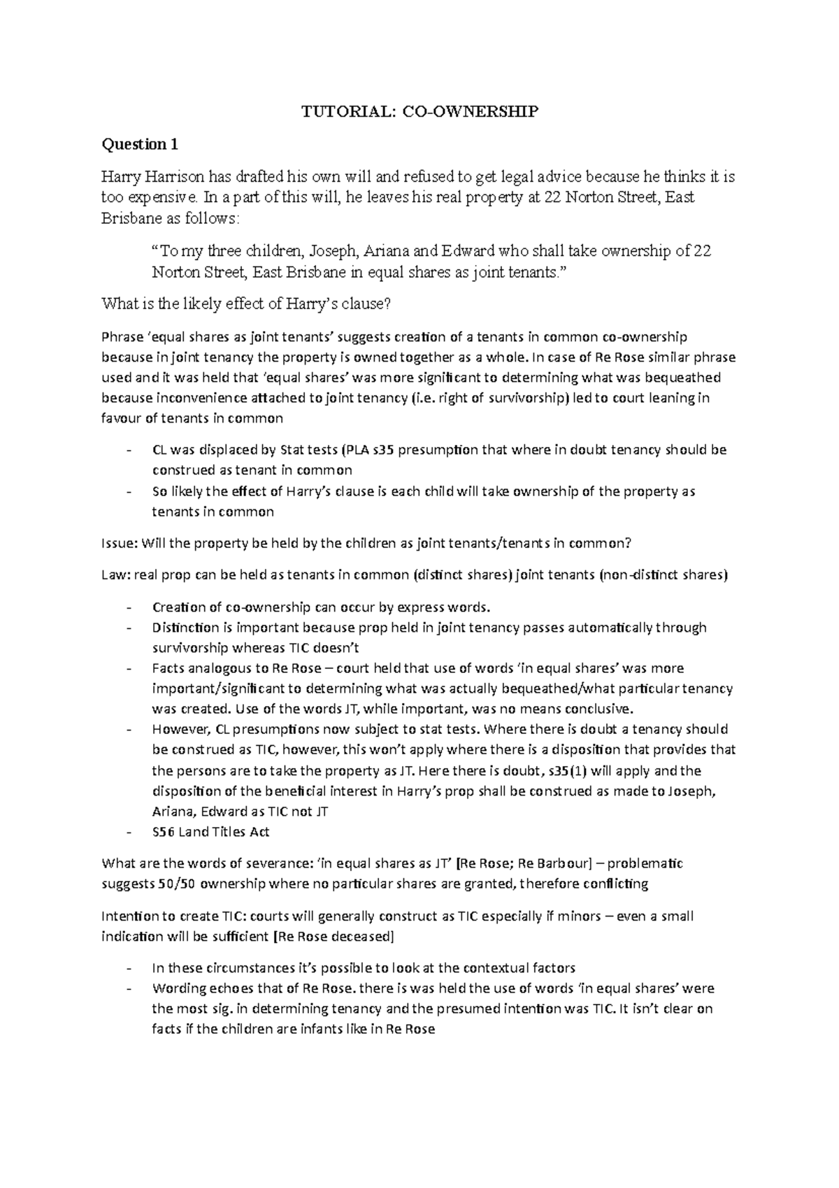 Tutorial questions - TUTORIAL: CO-OWNERSHIP Question 1 Harry Harrison ...