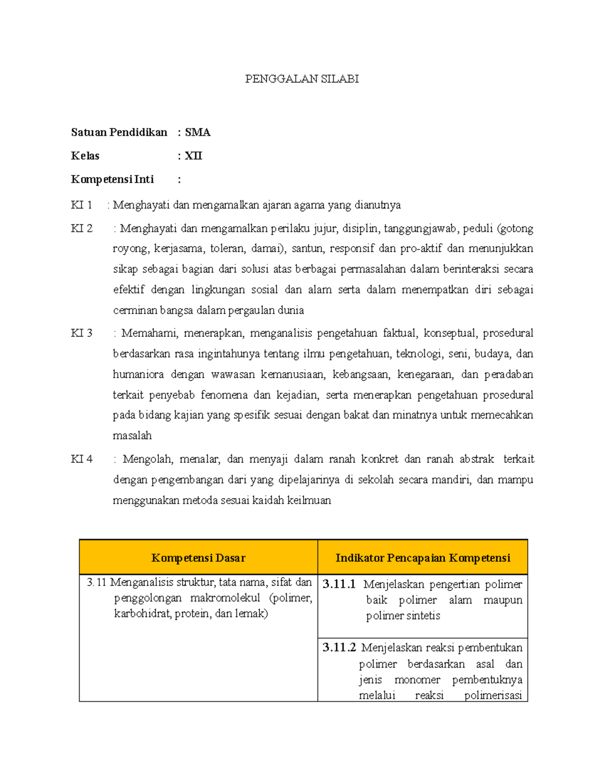Penggalan Silabi Kimia - PENGGALAN SILABI Satuan Pendidikan : SMA Kelas ...