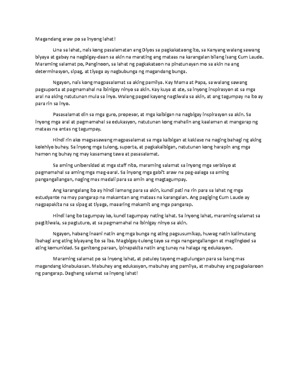 Talumpati para sa Cum Laude - Magandang araw po sa inyong lahat! Una sa ...
