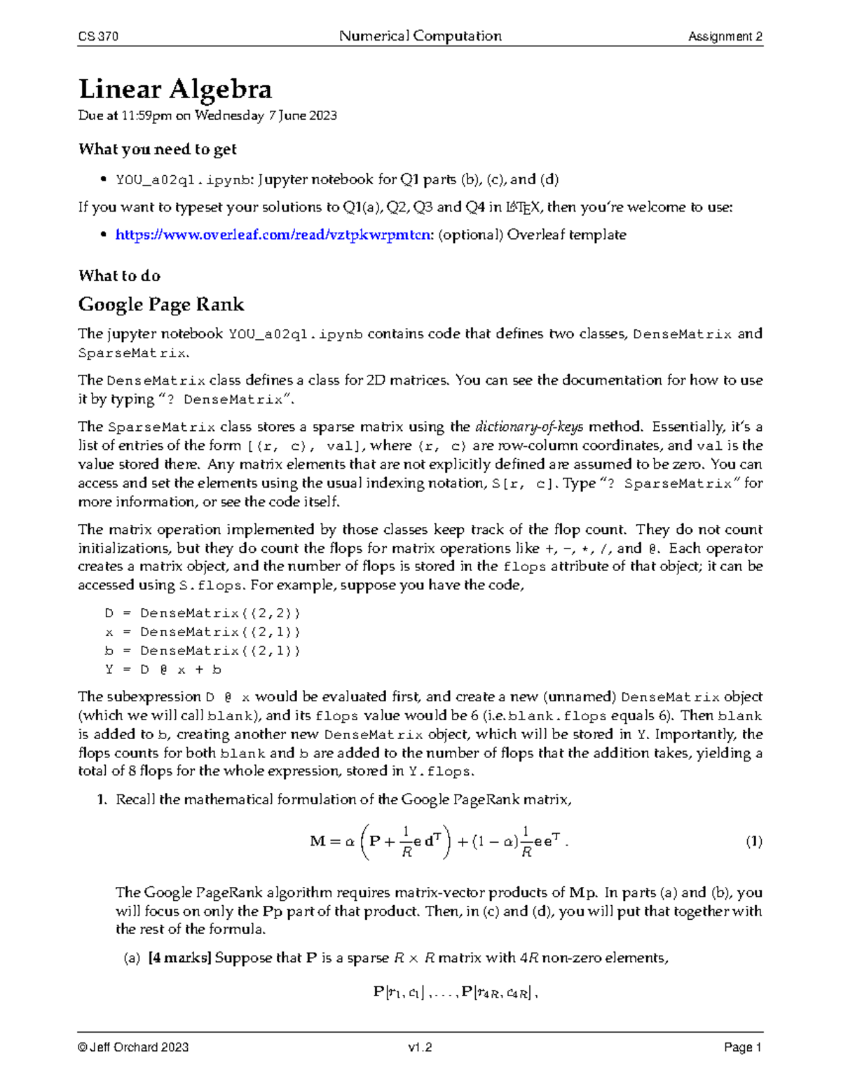 A2 questions - assignment 2 - CS 370 Numerical Computation Assignment 2 Linear Algebra Due at ...