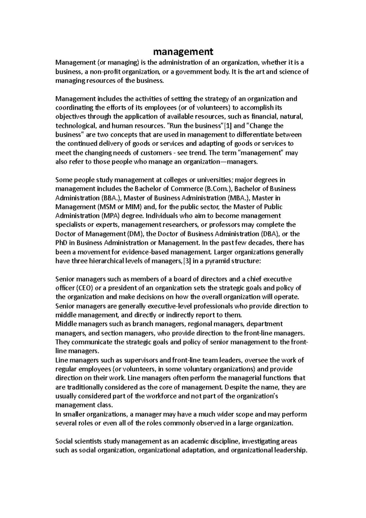 Managment 123455 - management basics - management Management (or ...